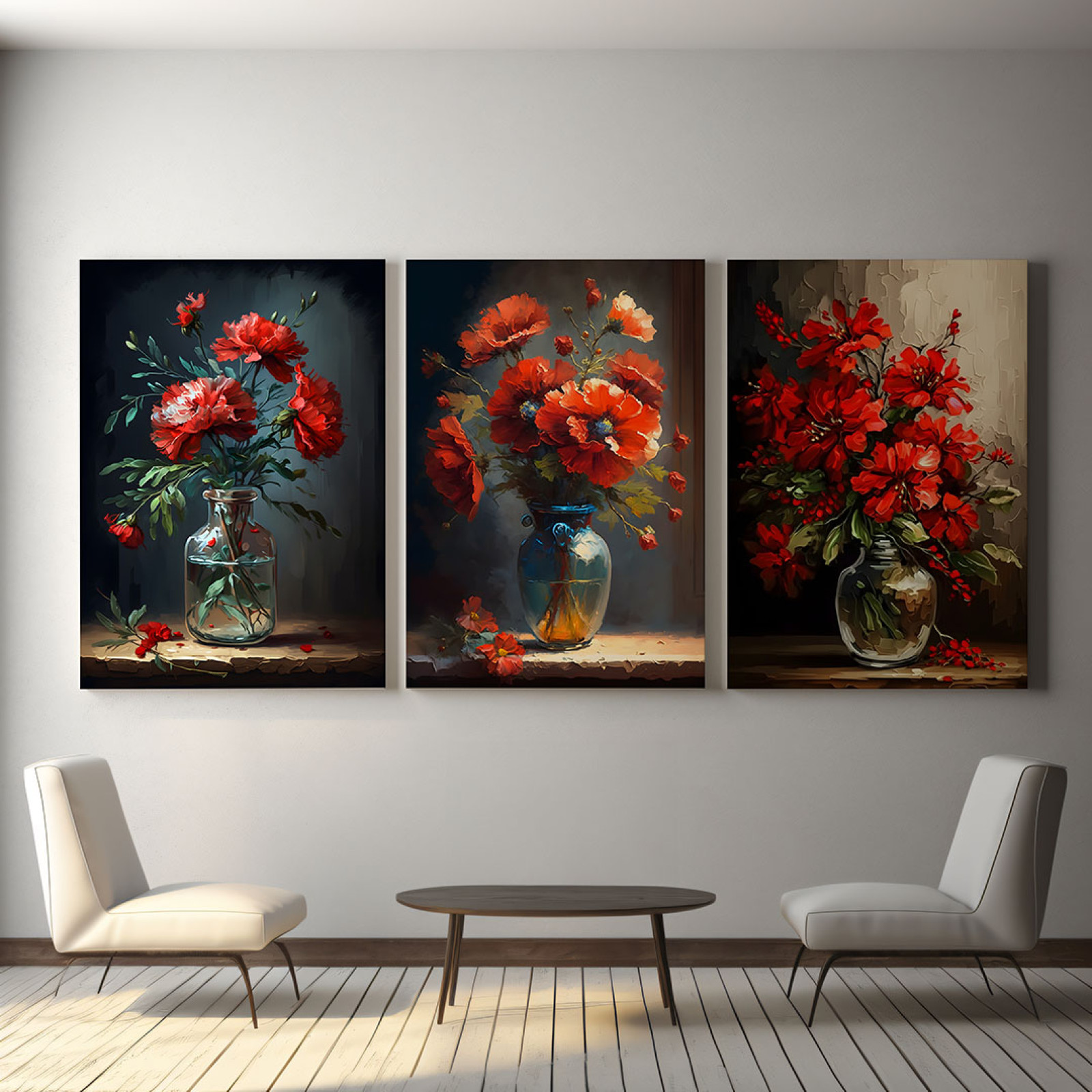 Vaze cu Flori Rosii - Set 3 Tablouri | ViZIO ⭐⭐⭐⭐⭐