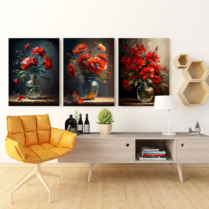 Vaze cu Flori Rosii - Set 3 Tablouri | ViZIO ⭐⭐⭐⭐⭐
